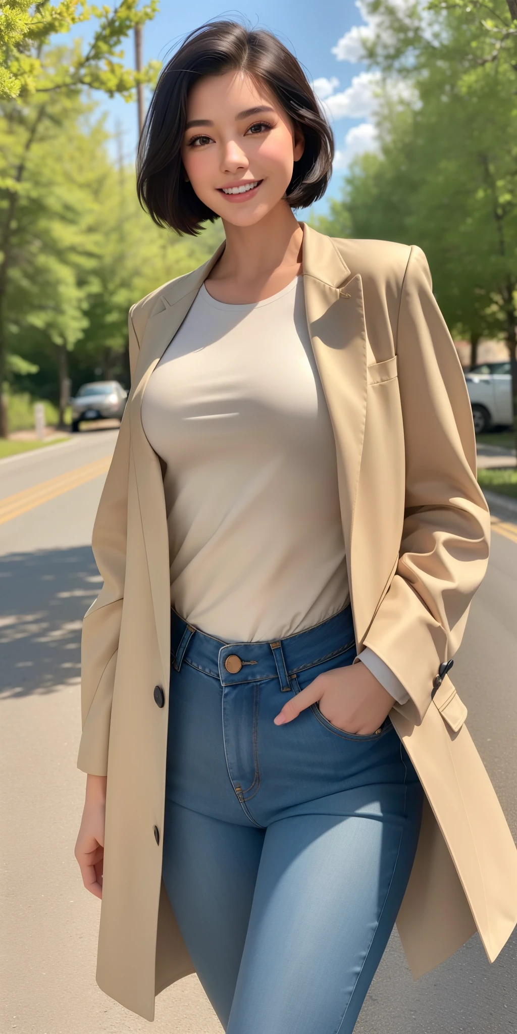 A woman in a tan coat and jeans standing on a street - SeaArt AI