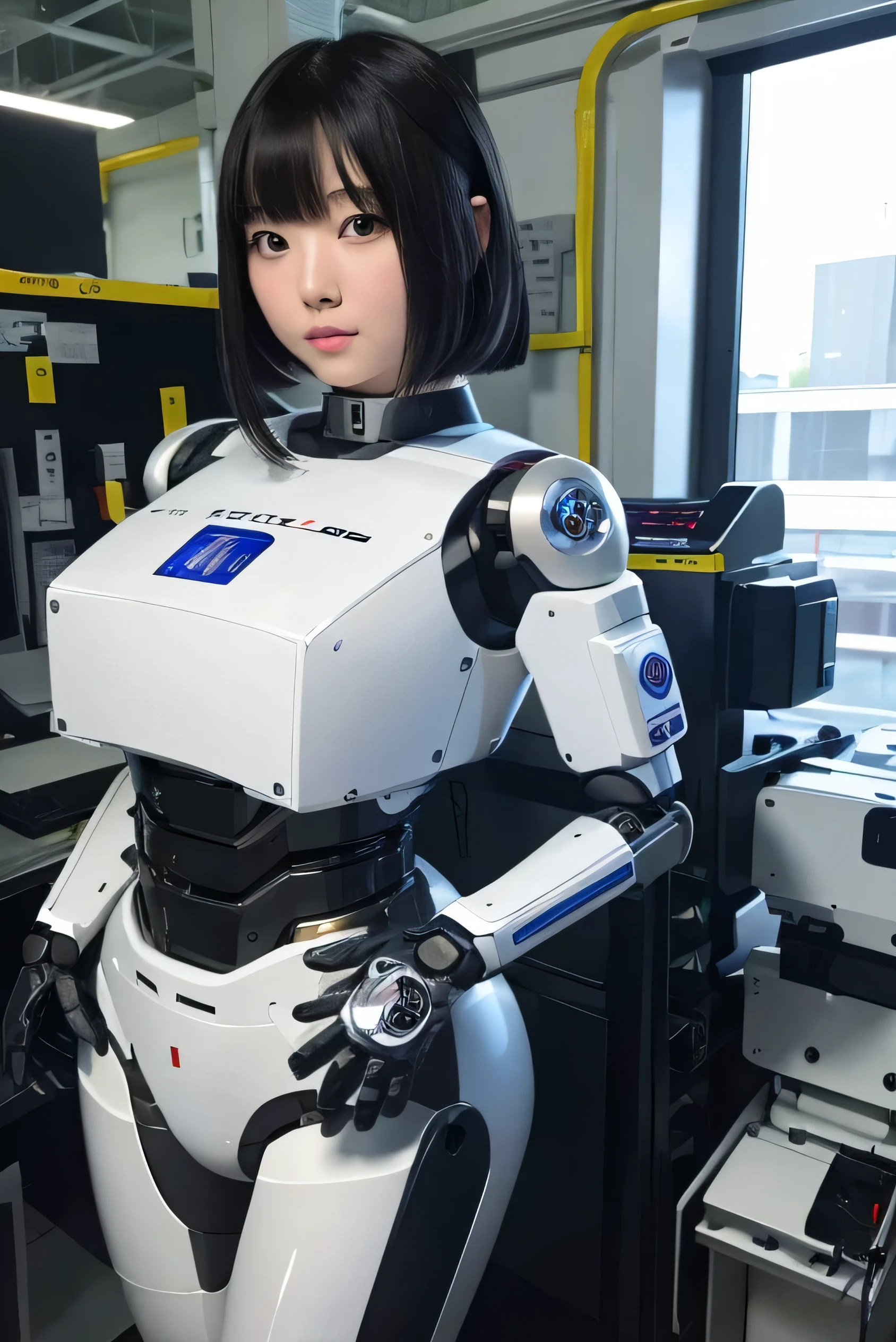 A close up of a woman standing next to a robot in a room - SeaArt AI