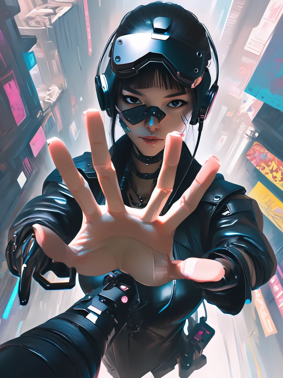 Digital artwork. Overhead shot of a Woman in Black Cyberpunk leather ...