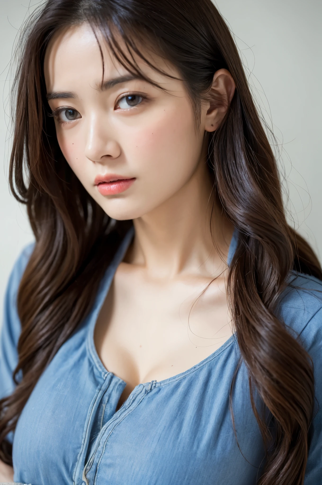 A close up of a woman with long hair wearing a blue shirt - SeaArt AI