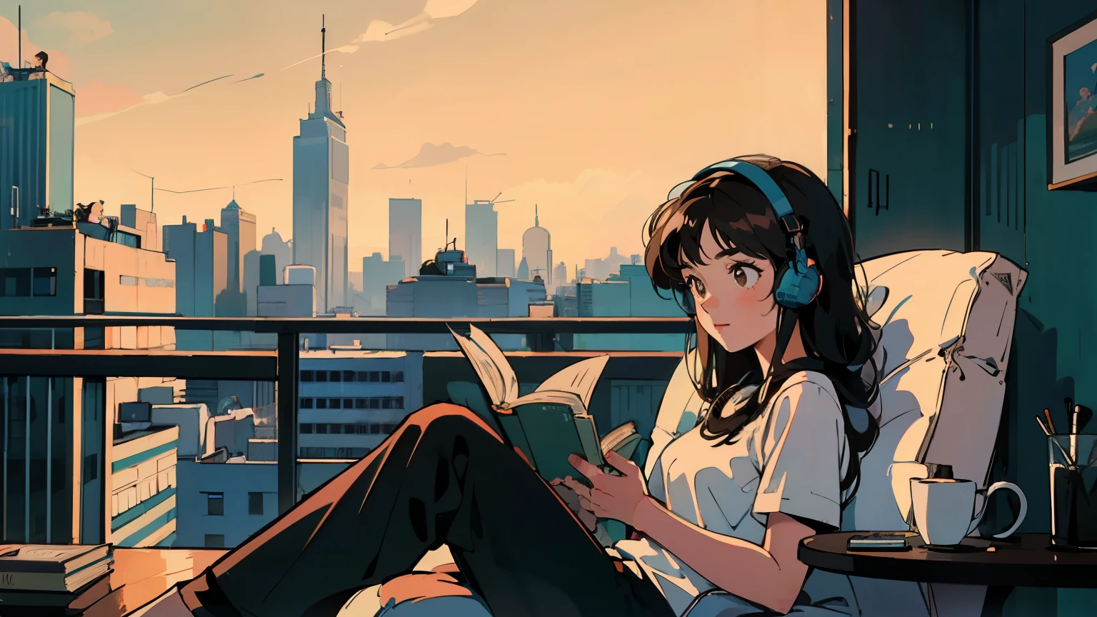 Anime girl sitting on a balcony reading a book - SeaArt AI