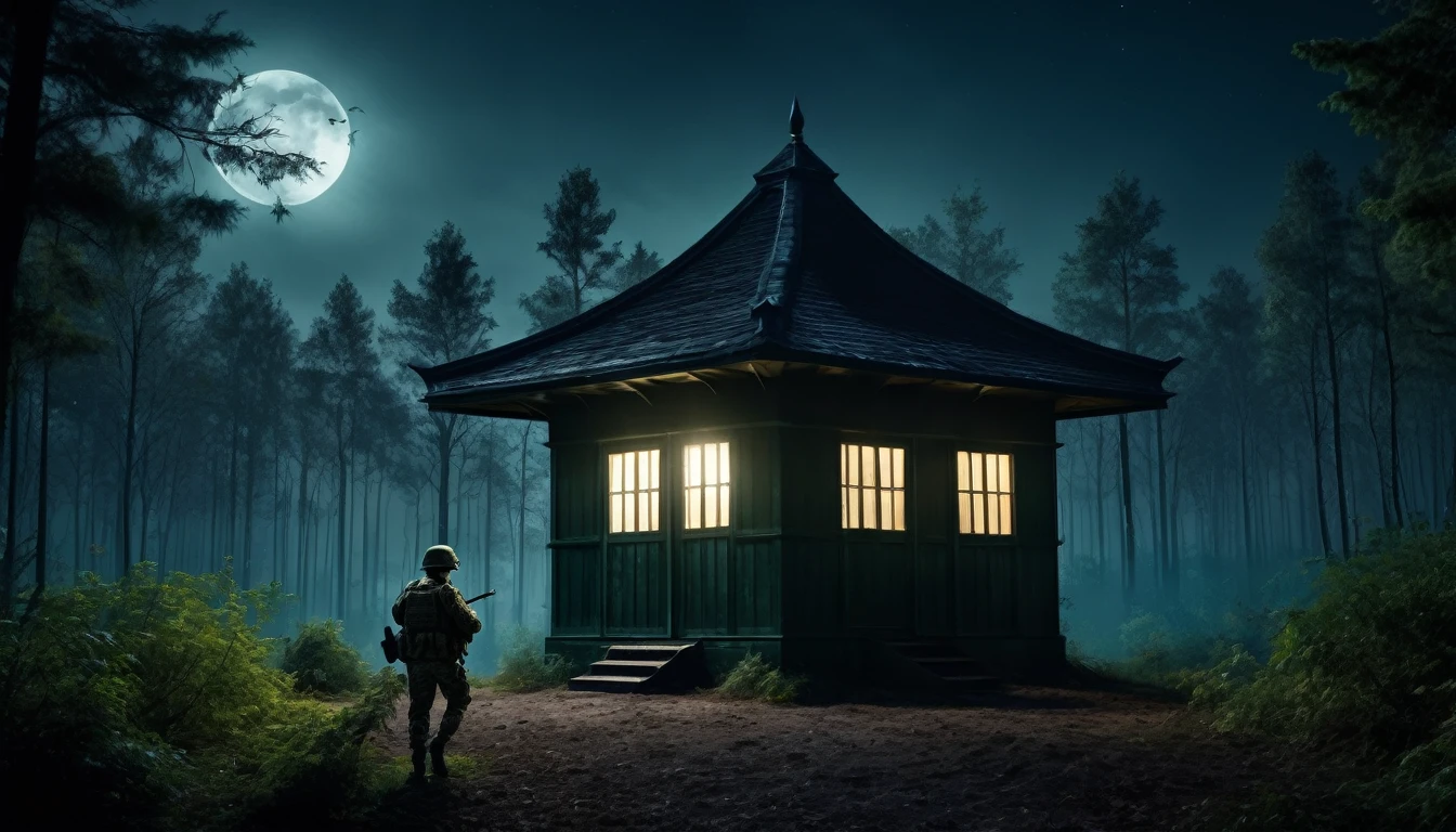 A scary horror image of a guardhouse at the top of the army with a ...