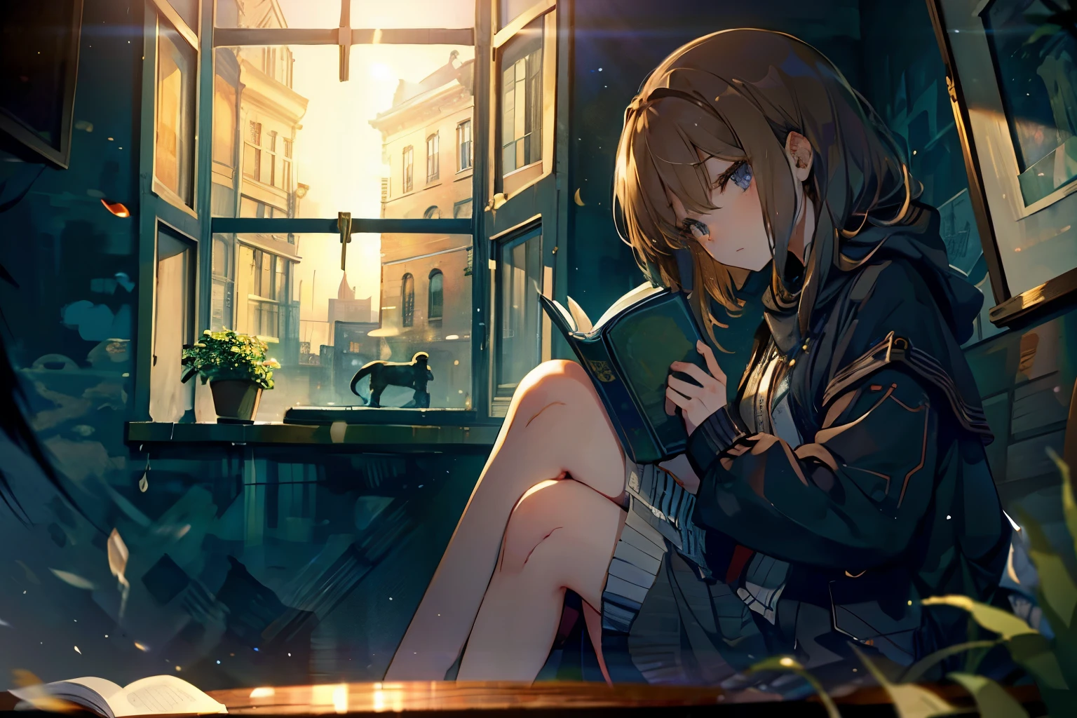 Anime girl sitting on a window sill reading a book - SeaArt AI