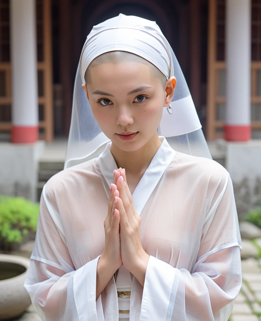 Japanese nun in a transparent robe、monastery、Shaved hair、Shaved Head - SeaArt AI