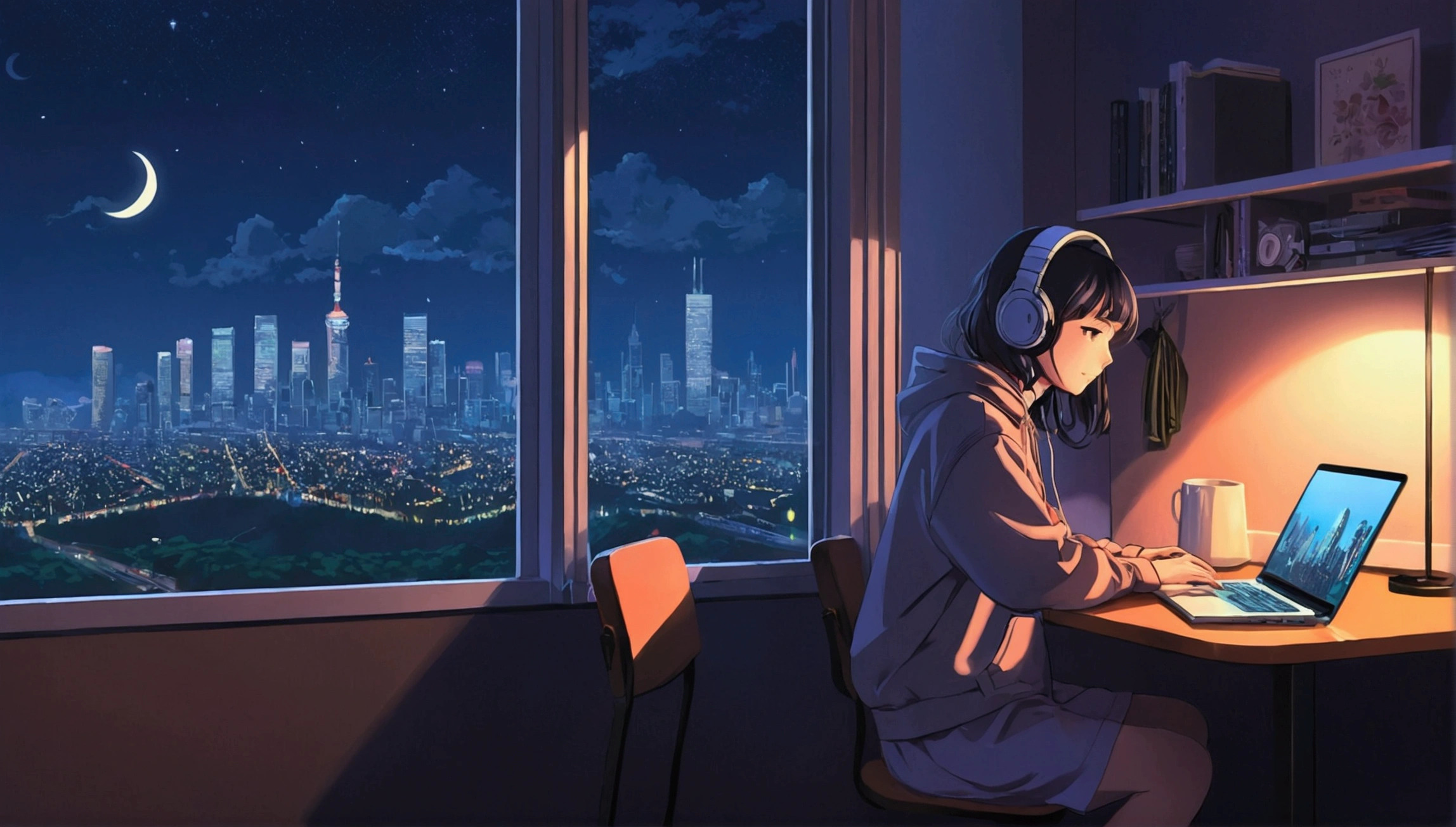 Anime girl sitting at a table with a laptop and headphones, Night view ...