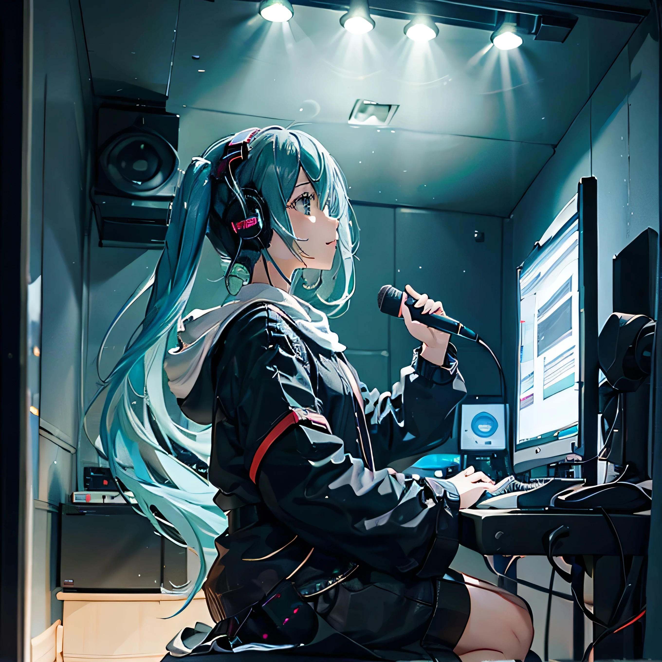 Anime girl sitting in front of a computer with headphones on - SeaArt AI