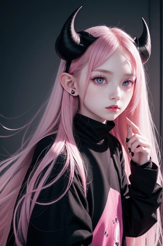 A night image with girl with pale skin, long hair half black with white ...