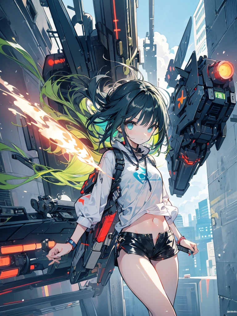 Girl, Mecha, Rigid, Cute, Jetpack on the back, Rocket, Explosion ...