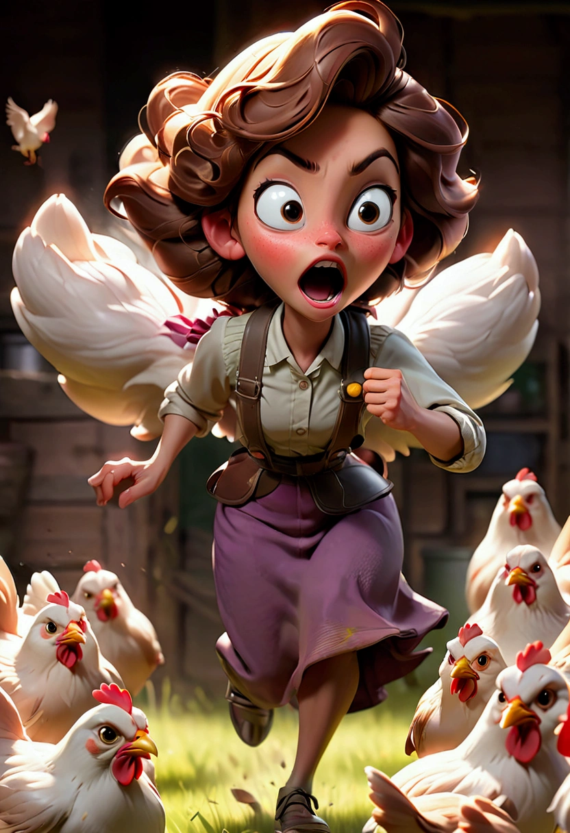 A woman running from a chicken farm with eggs in her hands and being ...