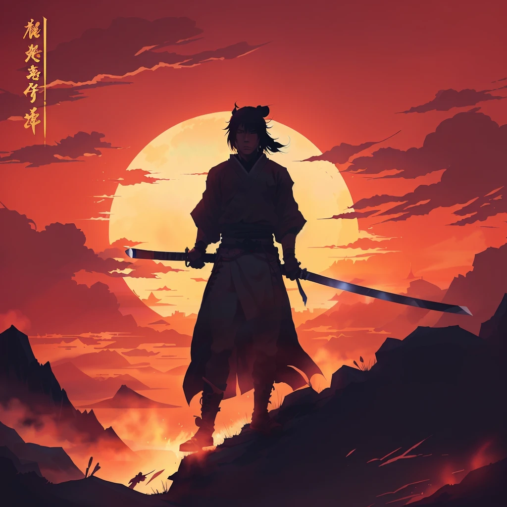 Samurai anime style illustration, standing on a hill with a sword ...