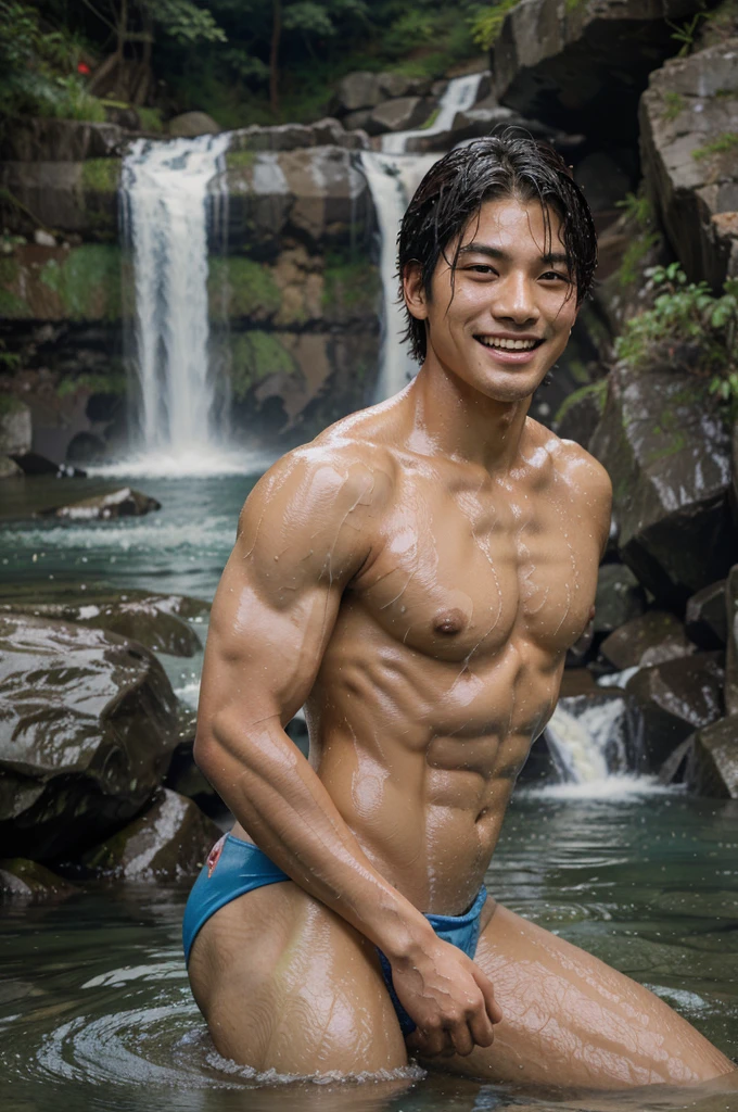 Portrait of a handsome Korean man swimming under a waterfall - SeaArt AI