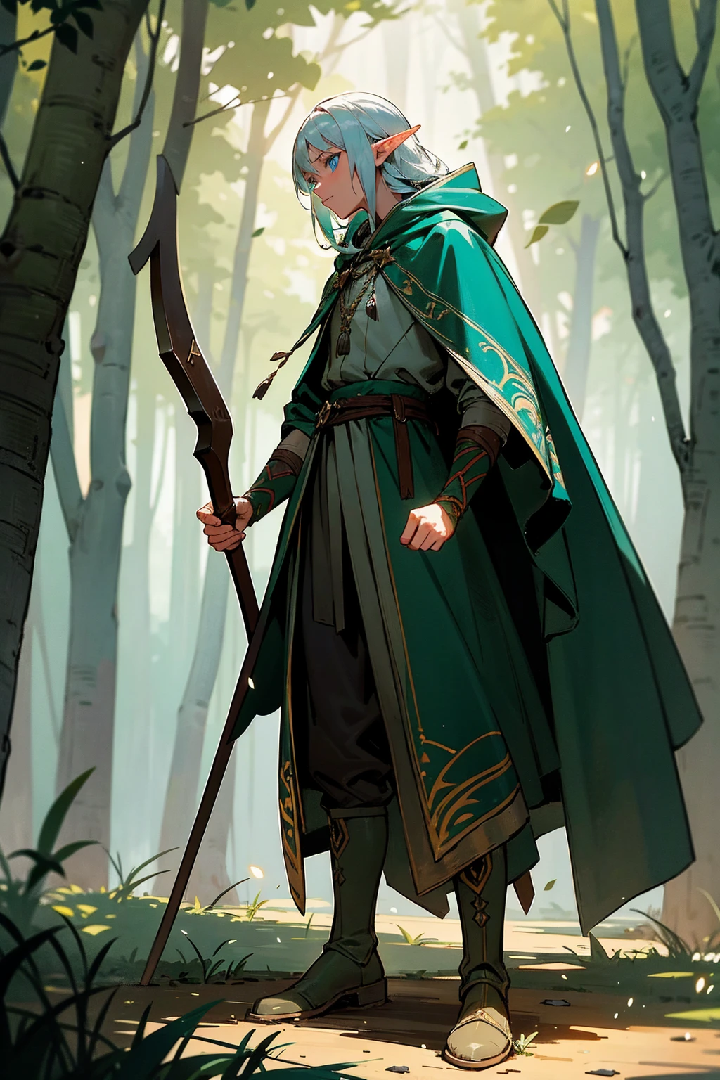 1 male, silver hair, blue eyes, elven archer, green hooded cloak ...