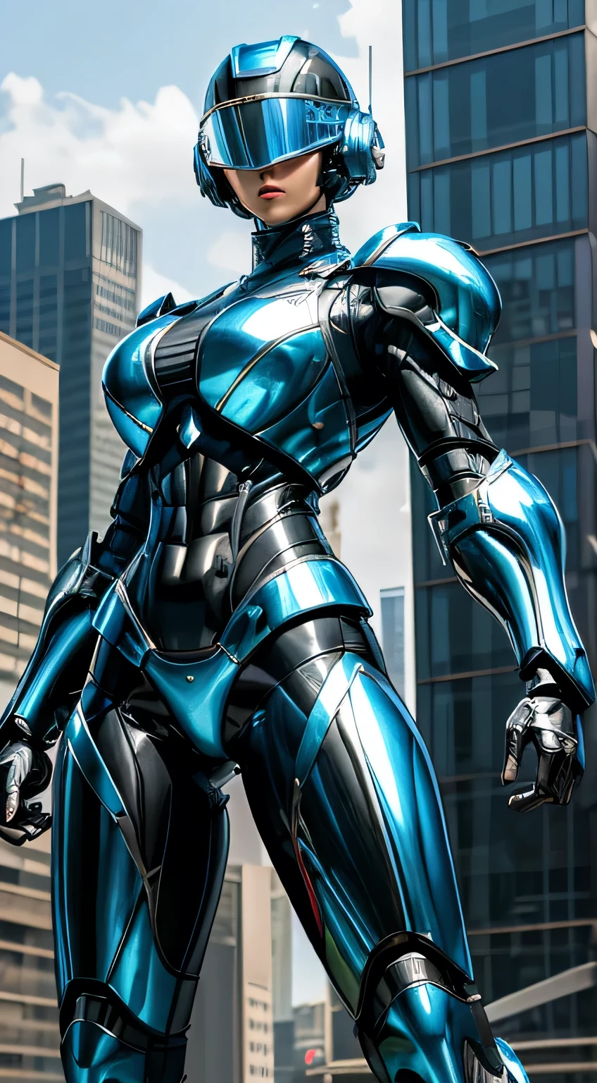 A close up of a woman in a blue suit standing in front of a city ...