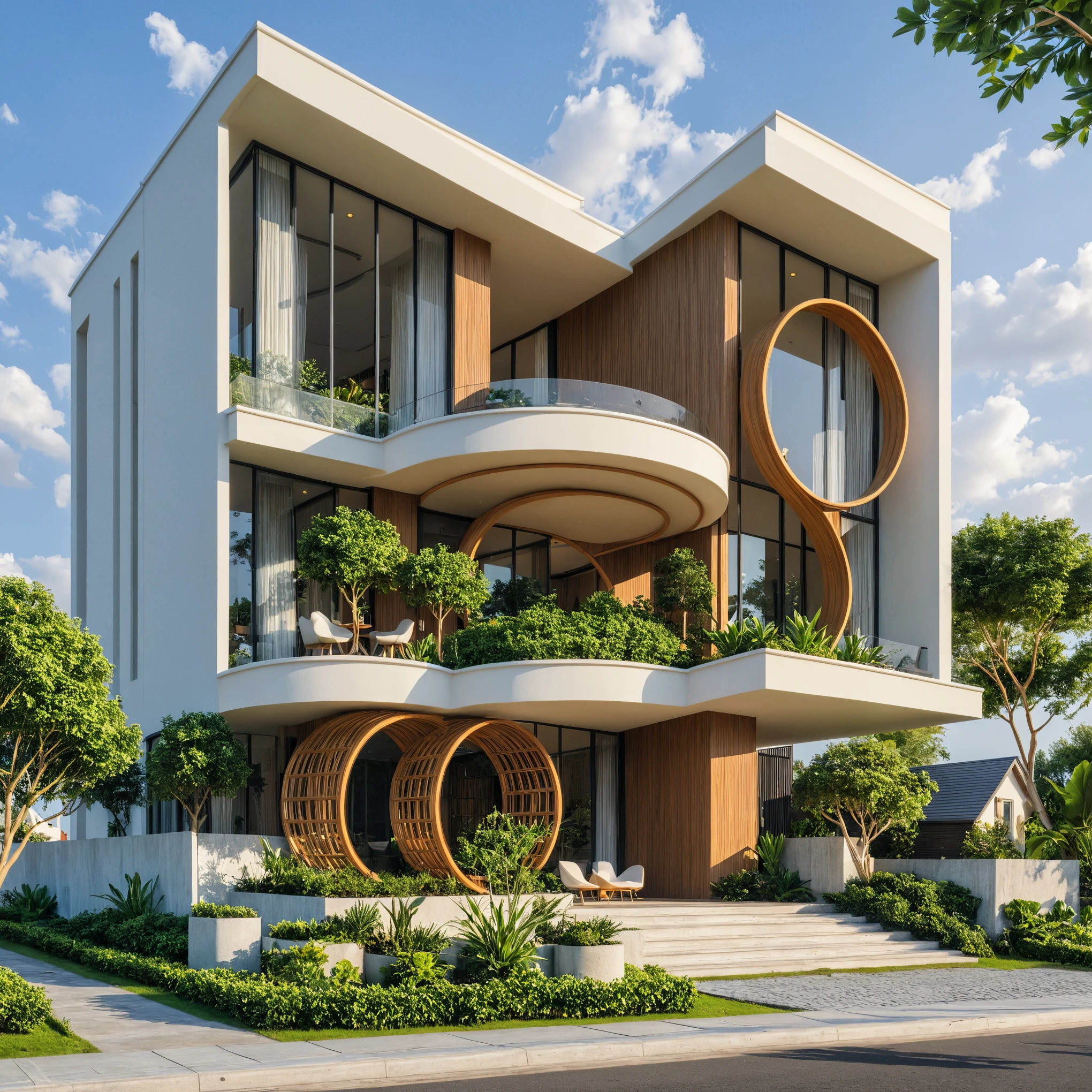 A rendering of a modern house with a circular balcony and a circular ...