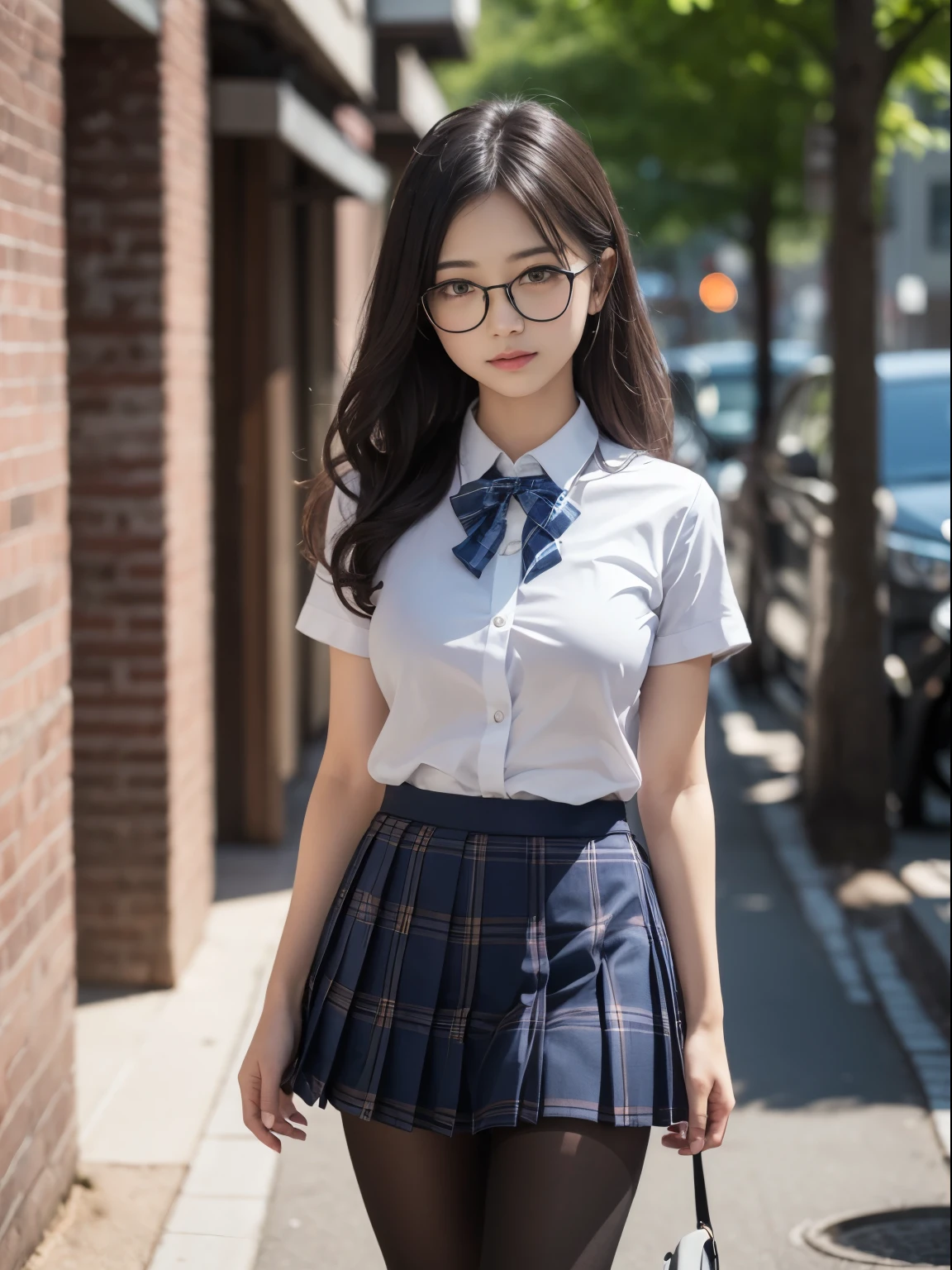 Arafed asian woman in a skirt and shirt walking down a street - SeaArt AI