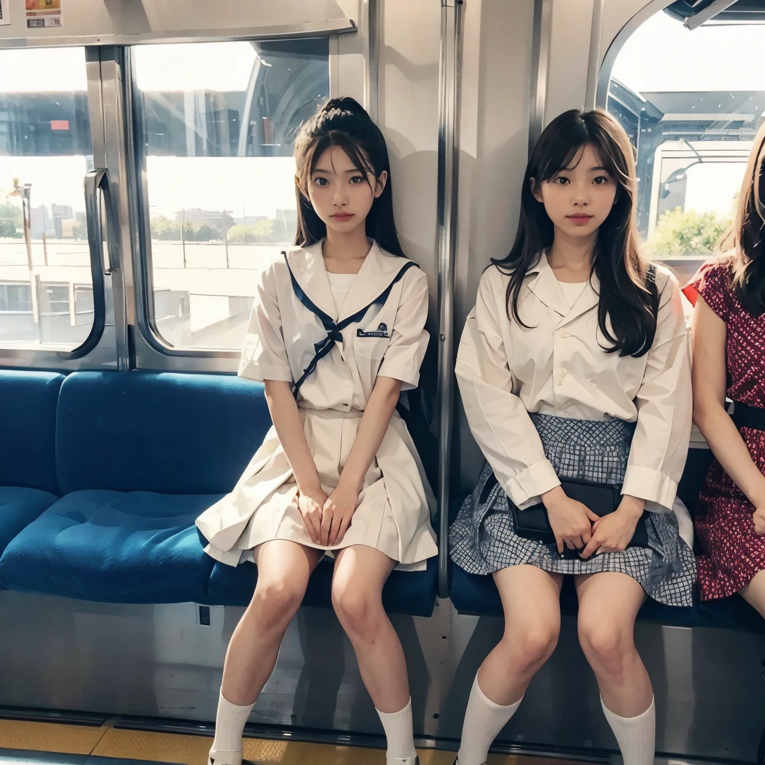 Three girls sitting on a train seat with their legs crossed - SeaArt AI