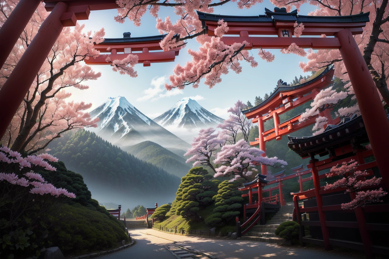 Arafad view with gate and path leading to the mountain, Mount Japan中的鸟居 ...