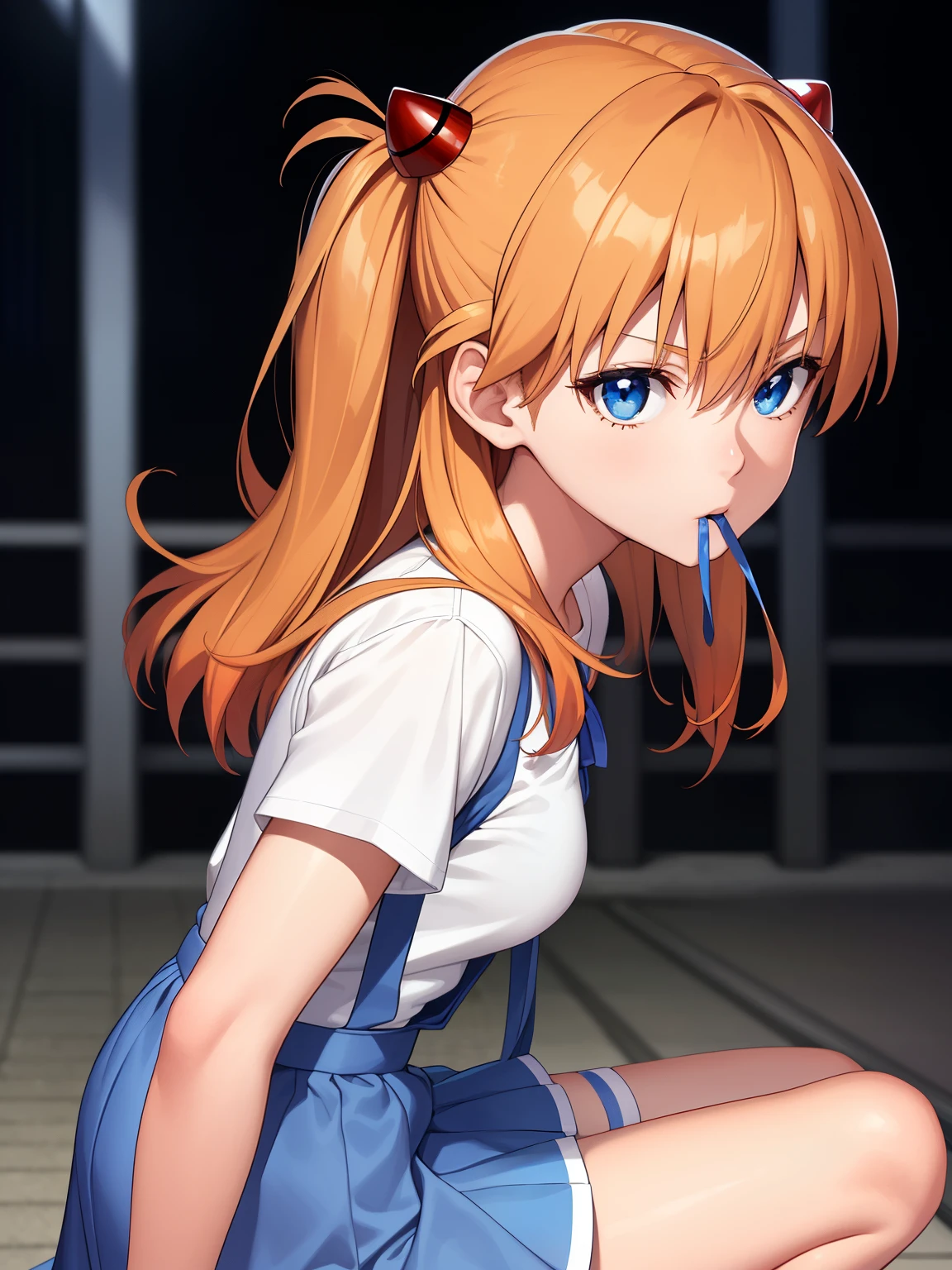 Anime girl with long hair and blue eyes crouching down（souryuu asuka ...