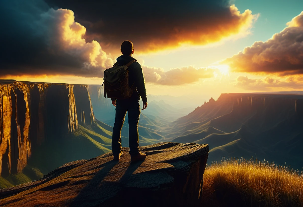 A man standing on the edge of a cliff looking into the sky, cinematic ...