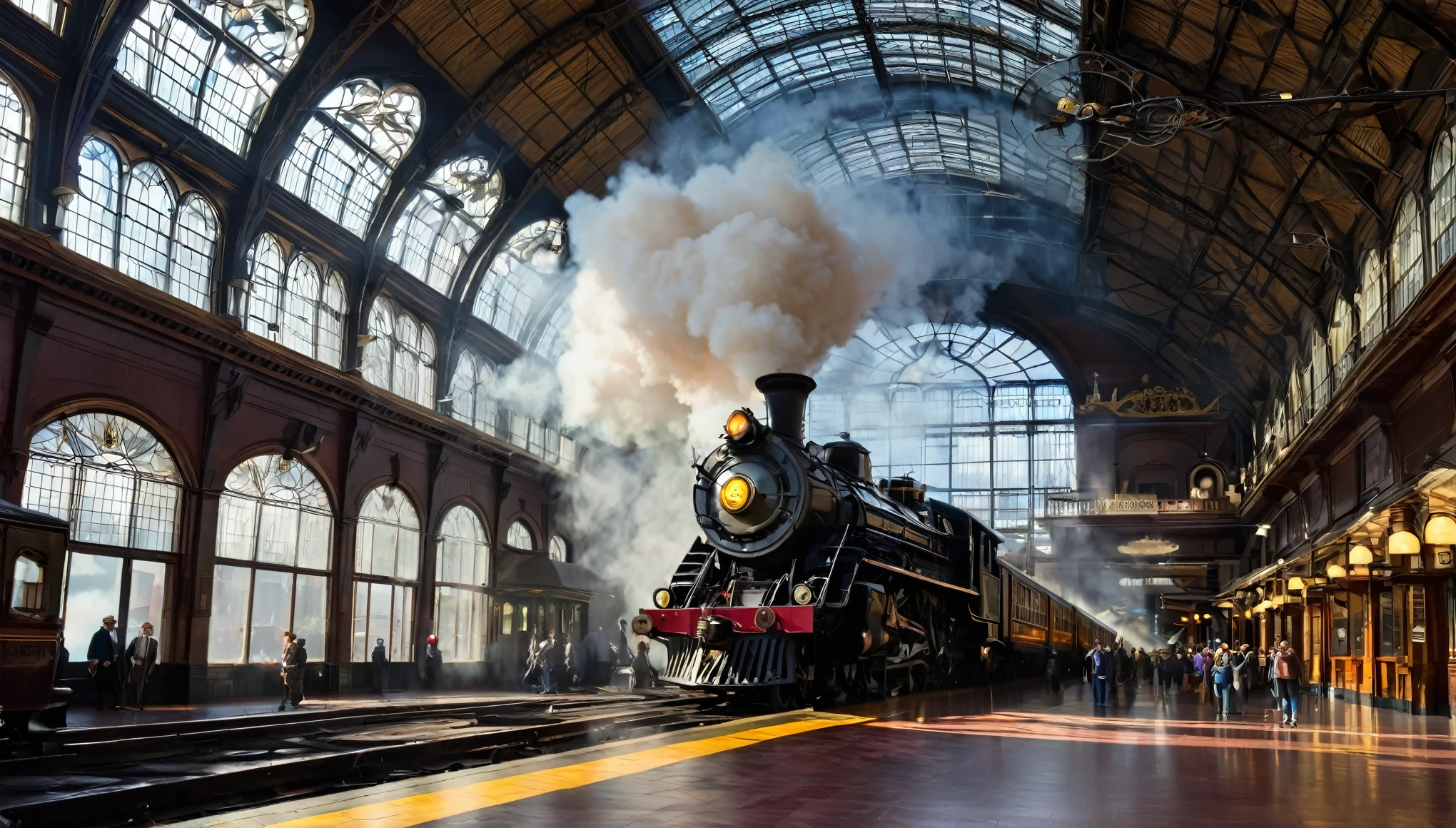 Araffe train in a train station with smoke coming out of it - SeaArt AI