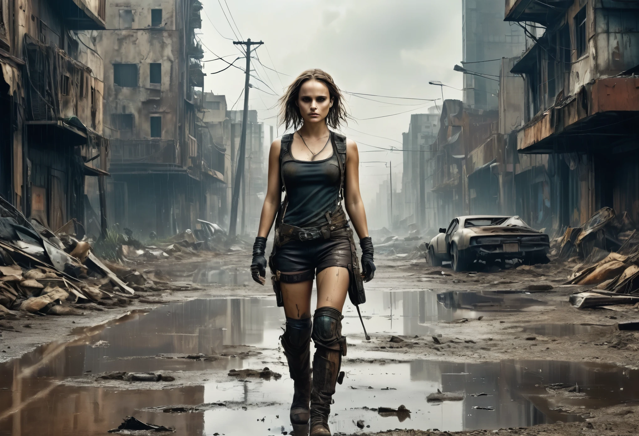 Arafed image of a woman walking down a dirty street - SeaArt AI