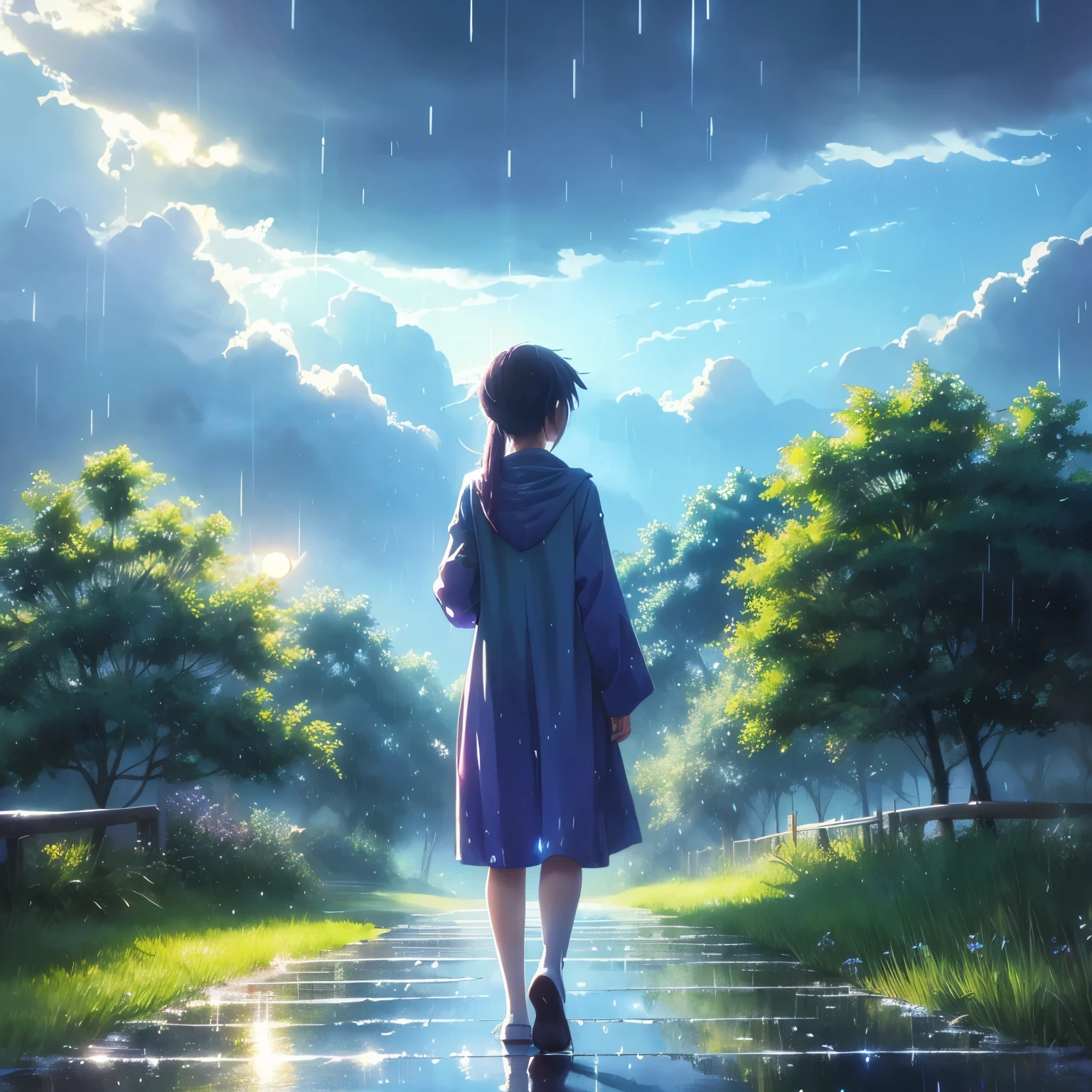 Anime girl walking in the rain with umbrella - SeaArt AI