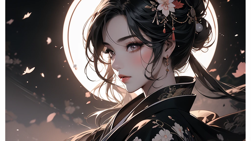 Beautiful geisha girl, sakura blossoms, fujii mountain, moonlight ...