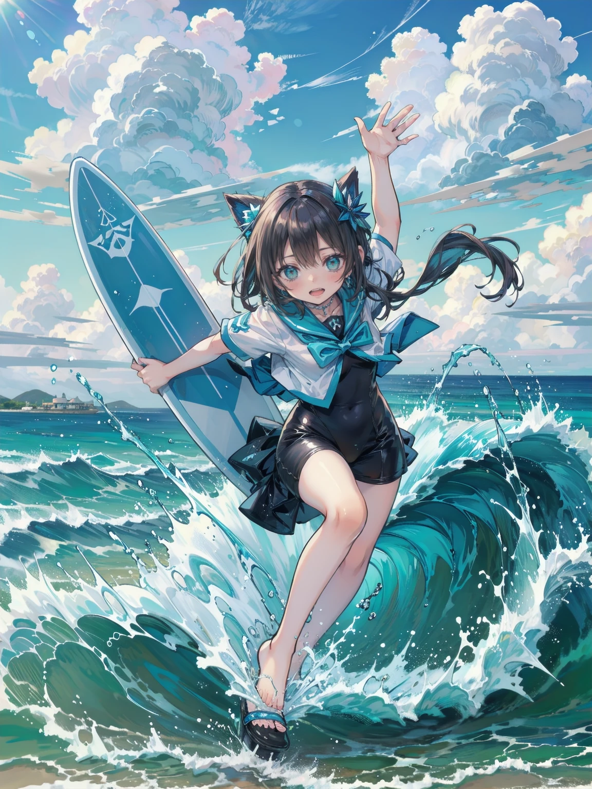 Barefoot、Anime girl riding a surfboard on ocean waves, Casciato - SeaArt AI