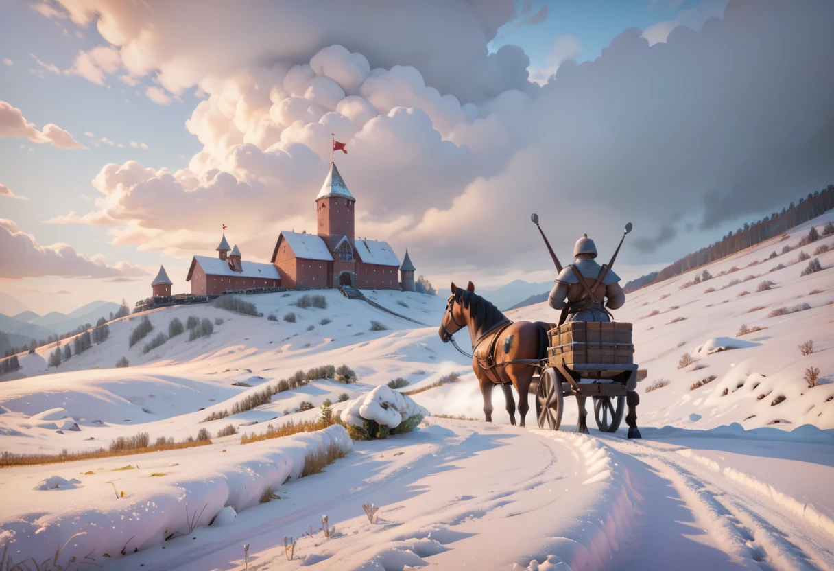 Medieval carriage, stagecoach, horse cargo carriage, winter, snow ...