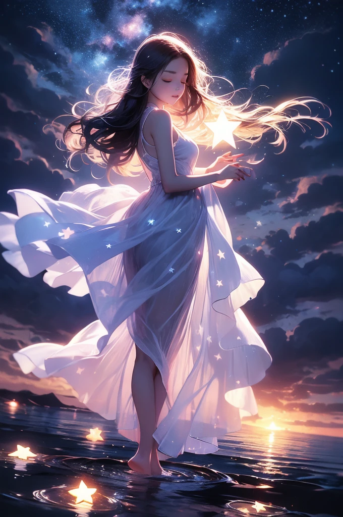 Xcdd, 1girl, star \(symbol\), dress, solo, closed eyes, long hair ...