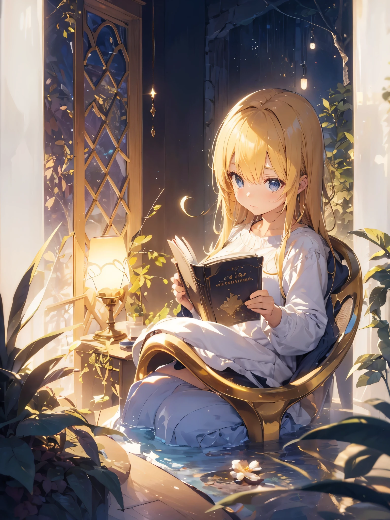 太陽の下で椅子で本を読むアニメの女の子 - SeaArt AI