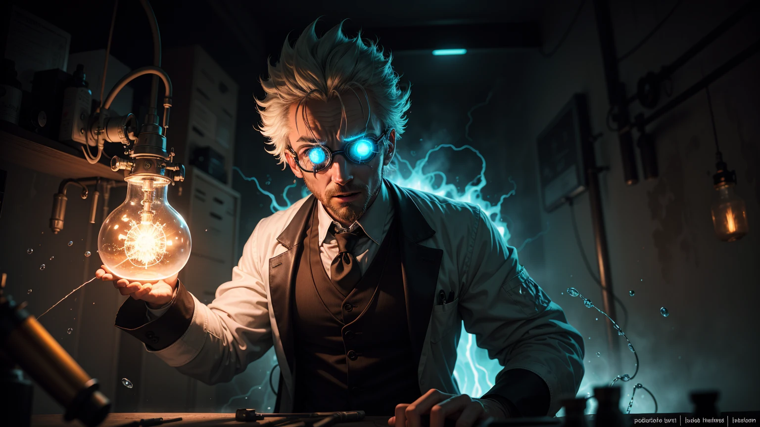 A mad scientist conducts crazy experiments in a dimly lit laboratory ...