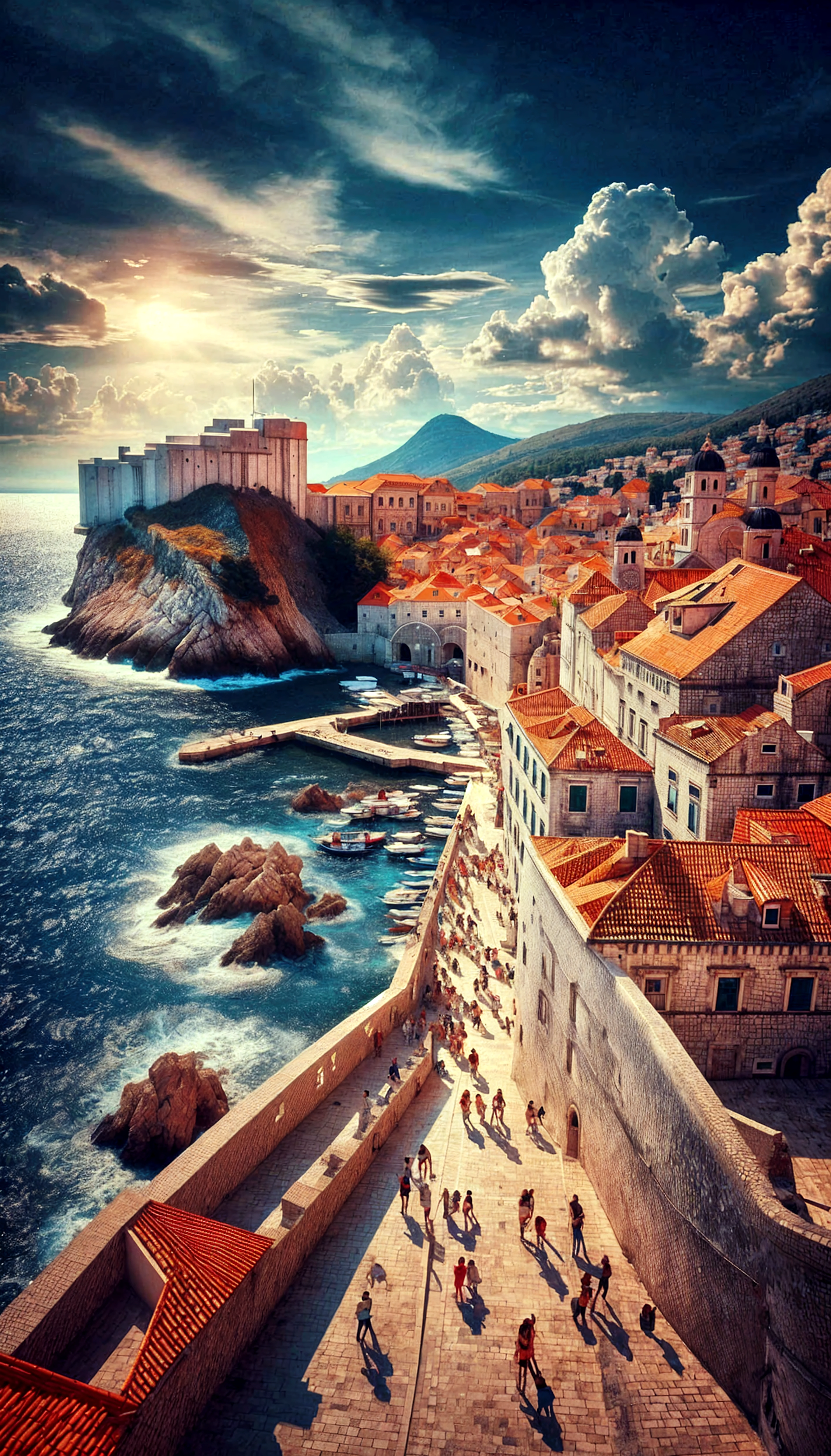 Arafed view of a city with a castle and a body of water - SeaArt AI