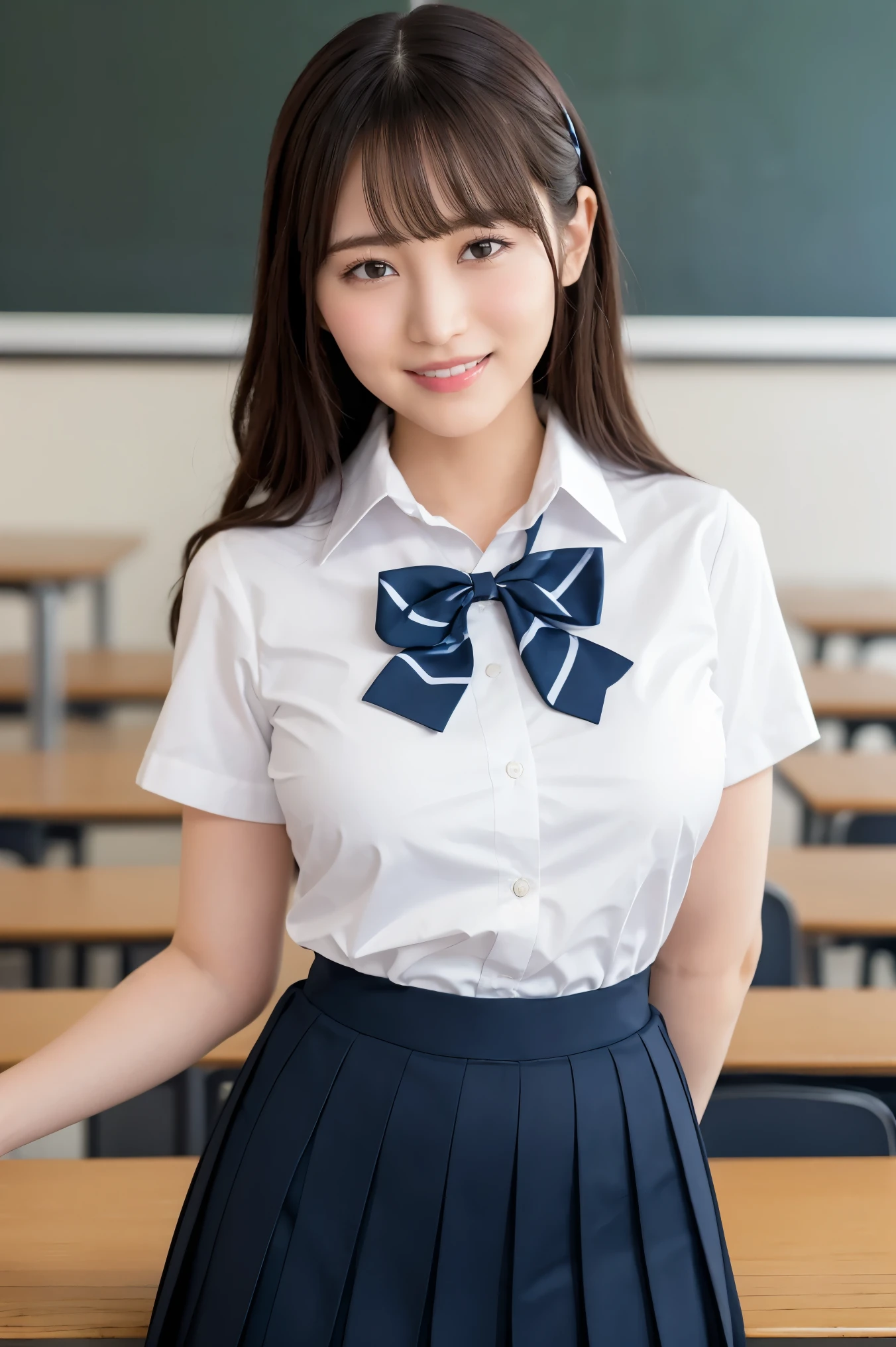 A woman in a school uniform standing in front of a desk - SeaArt AI