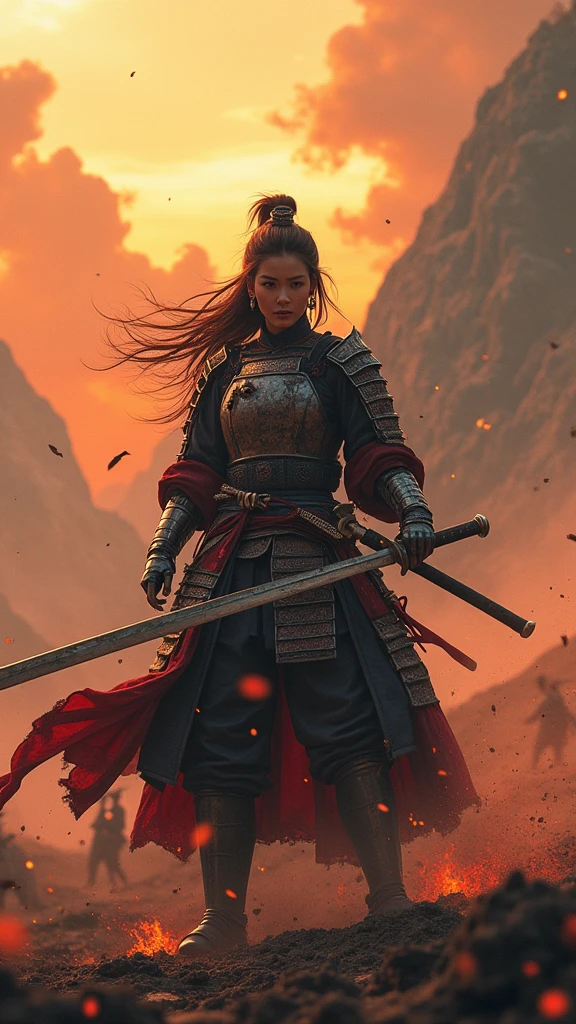 ((Japan Female Samurai)，battlefield，Dynamic pose，Long sword，armor ...