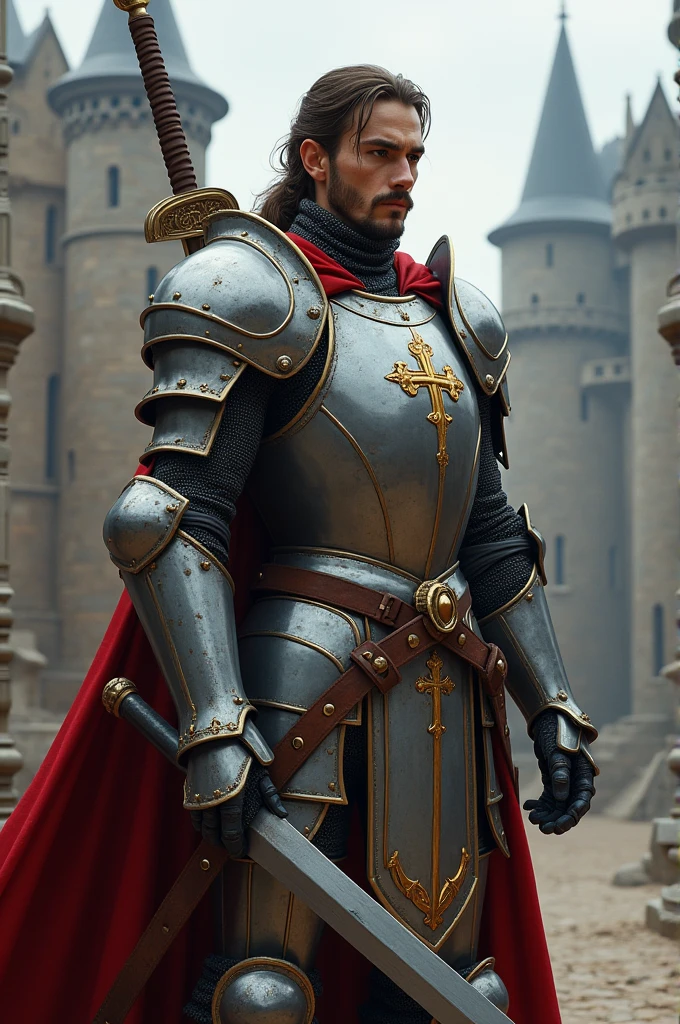 A knight in armor stands in front of the castle, Male paladin - SeaArt AI