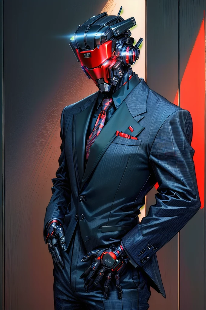 Masculine, robotic humanoid, wearing a business suit, plaid red tie ...