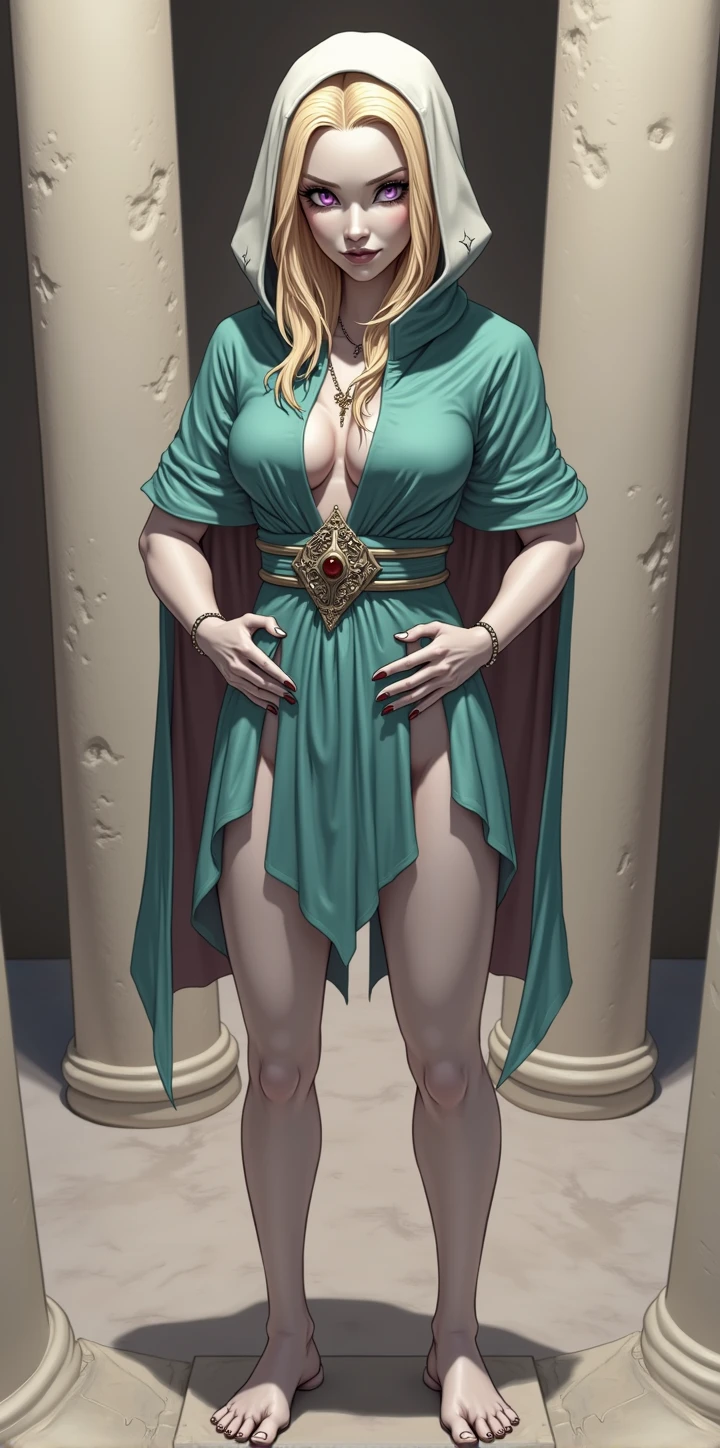 (Female drow slave bikini chest covered)(smile) Gray skin, pale golden hair and - SeaArt AI