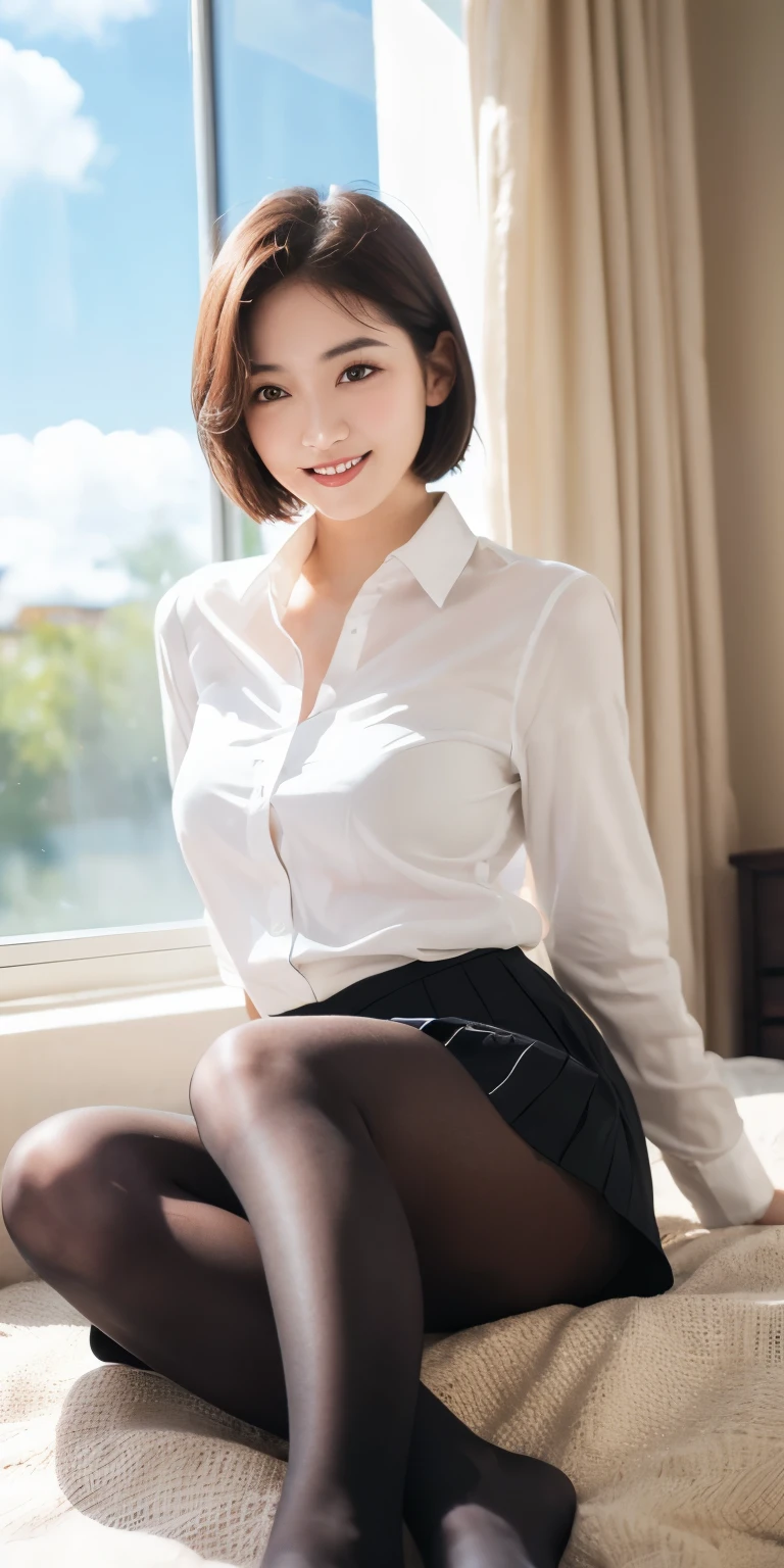 Arafed asian woman in a white shirt and black skirt sitting on a bed ...