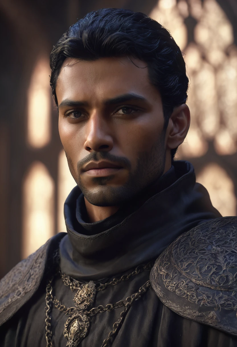 1 man, background is a dark room, wearing a simple black medieval male ...