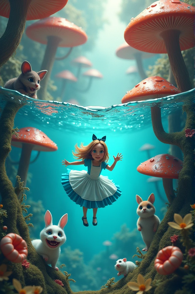 Make an image inspired by the book Alice in Wonderland when Alice falls ...