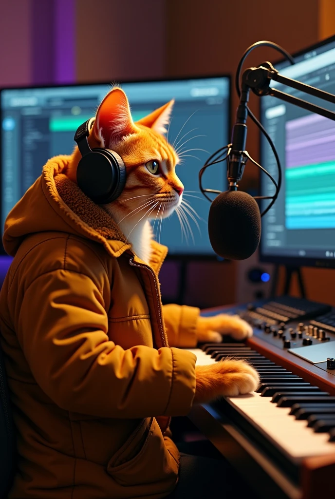 Gato laranja humanoide tocando uma música na frente de um teclado midi ...