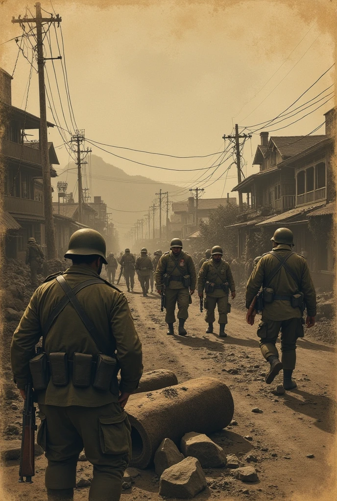 A vintage World War II setting with faded, sepia-toned images of ...