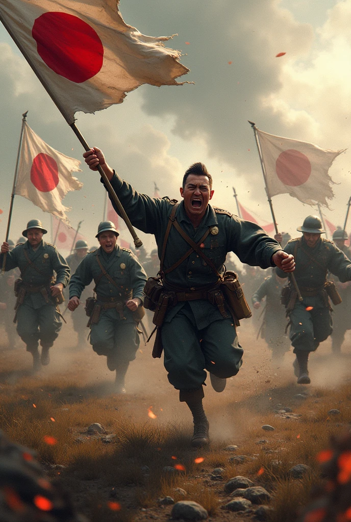 A dynamic battlefield scene with Japanese soldiers charging forward ...