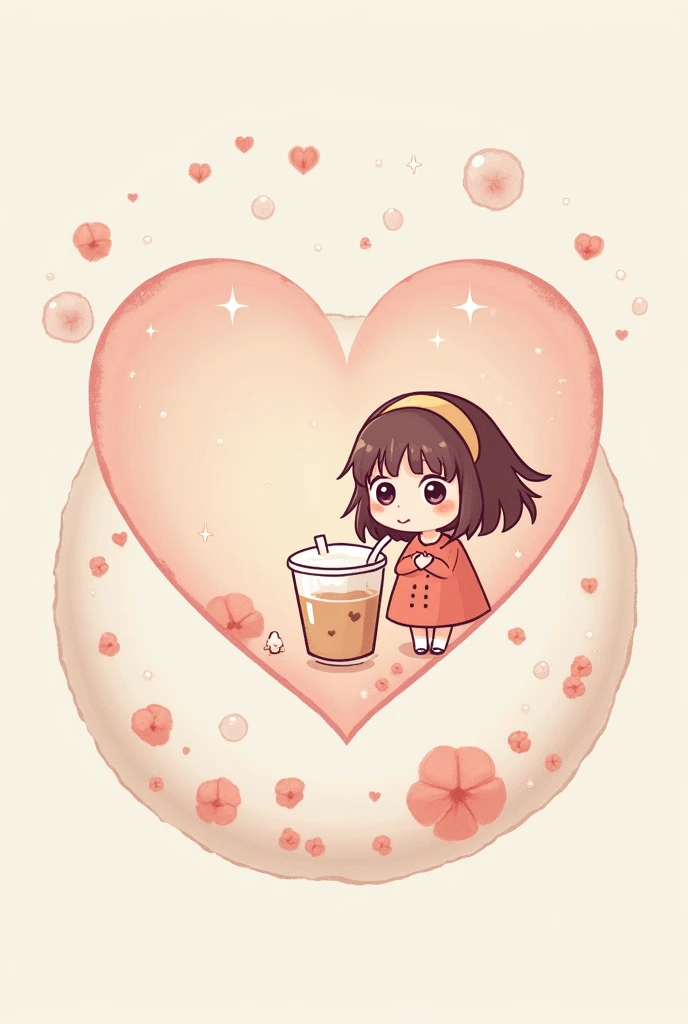 A circle-shaped heart with a soft color palette. A chibi-style girl ...
