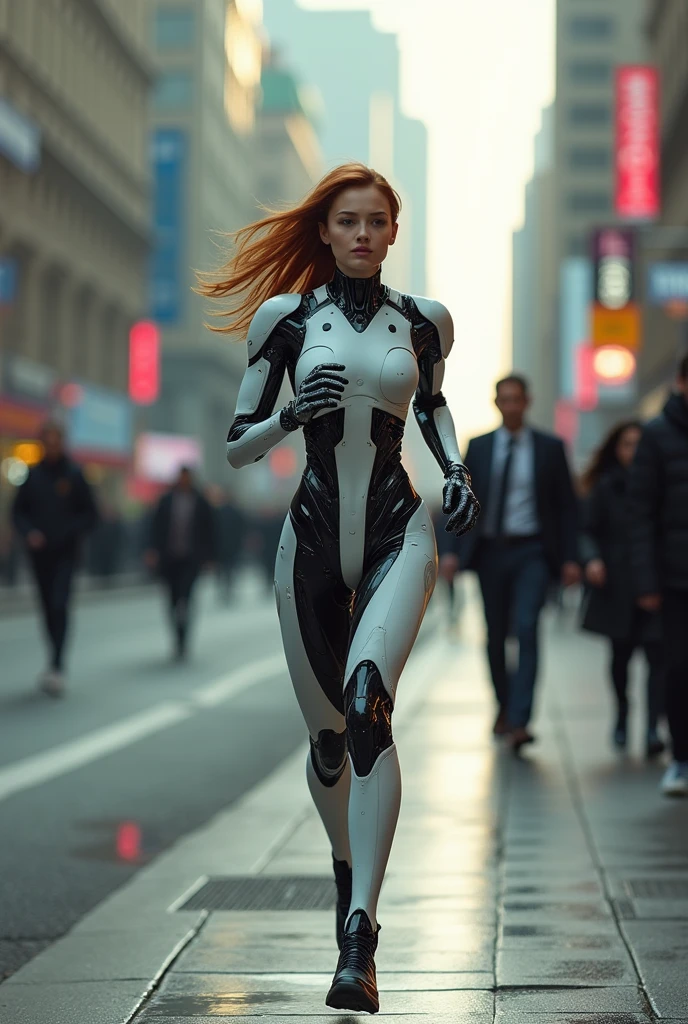 A cyborg girl is jogging down the street of a big city, passersby ...