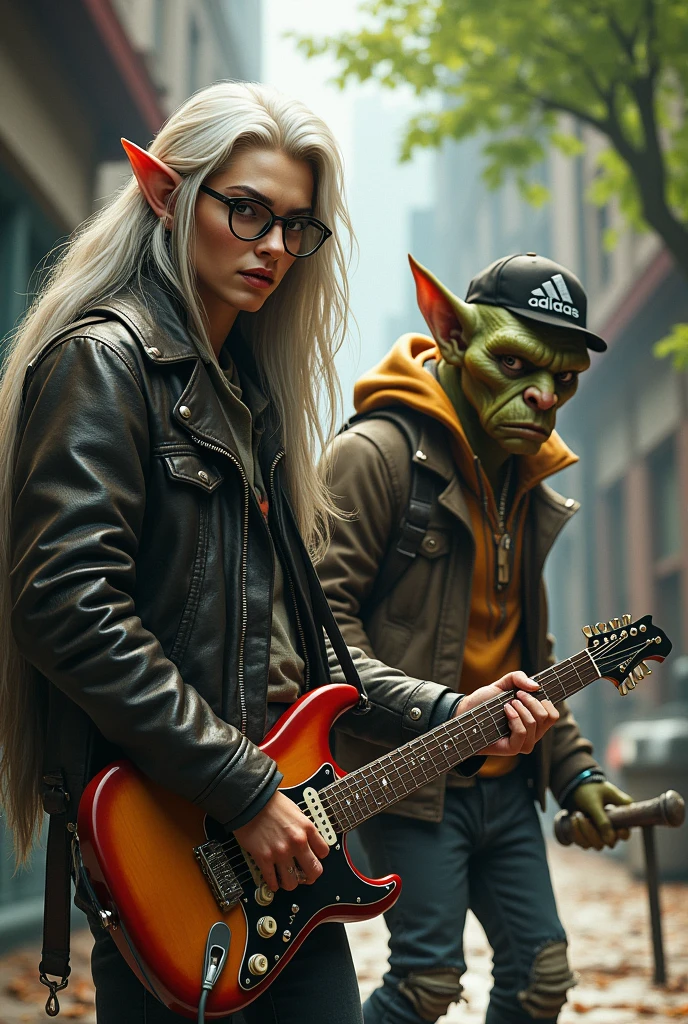 Elf in a leather jacket with long hair, glasses and an electric guitar ...