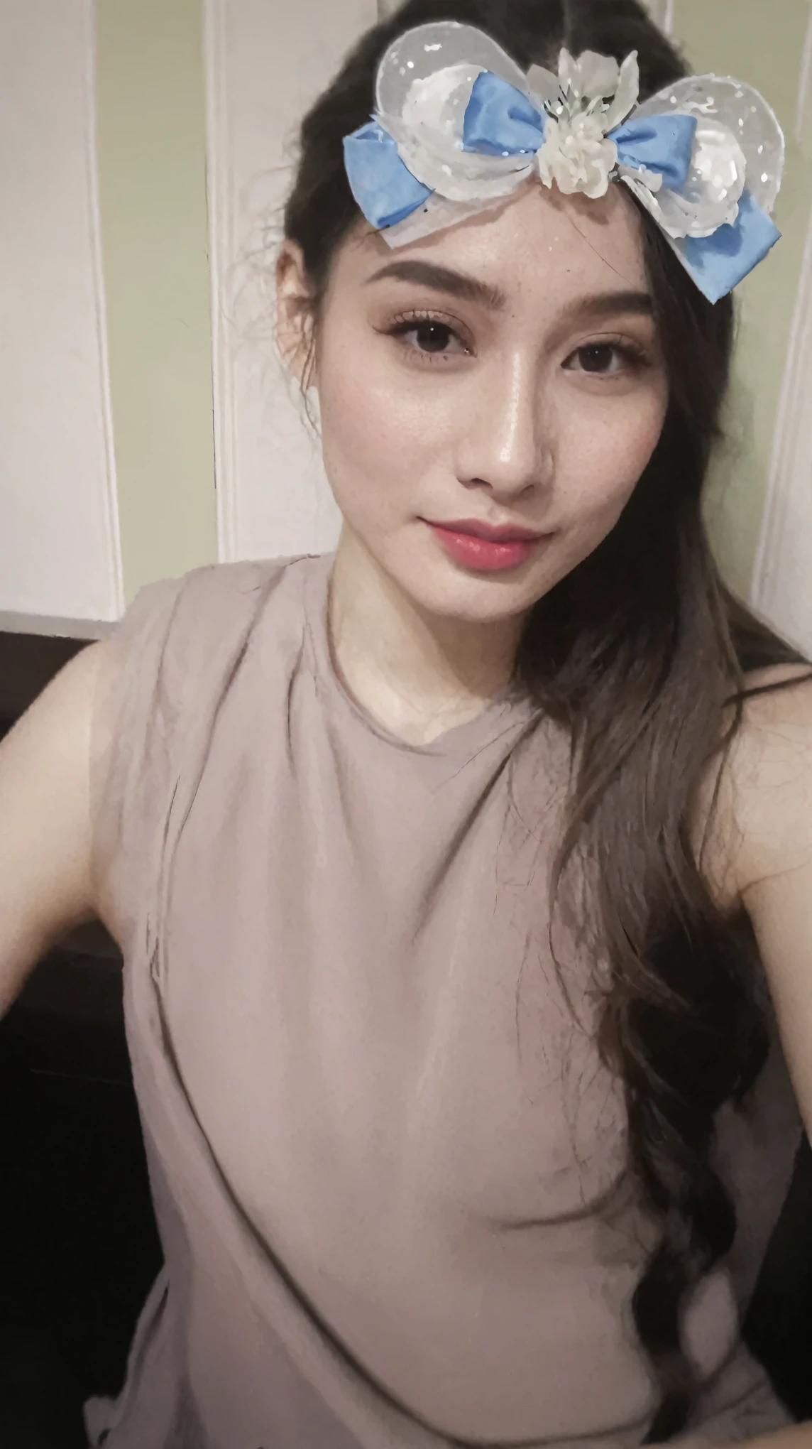 Arafed woman with a blue bow and a white dress - SeaArt AI