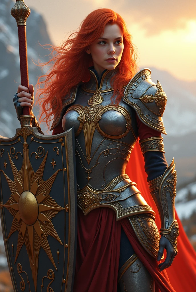 Strong redheaded cleric class woman with armor and shield with sun ...