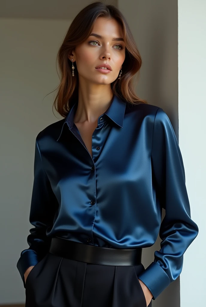 A Woman Wearing A Long Sleeved Navy Blue Satin Shirt That Hit At The